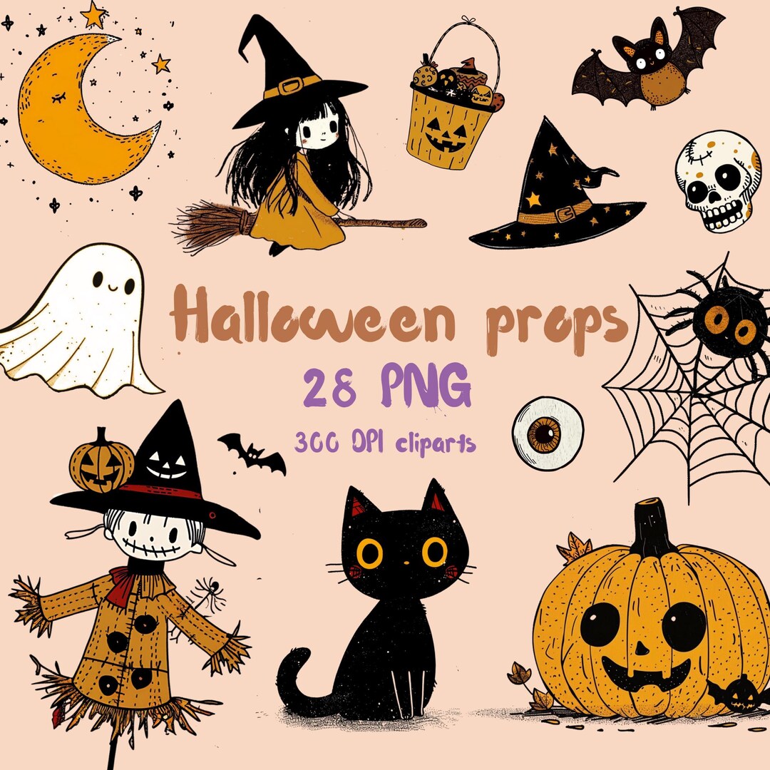 Halloween Props Clipart Bundle / Cute Vintage Arts / Pumpkins, Witch ...