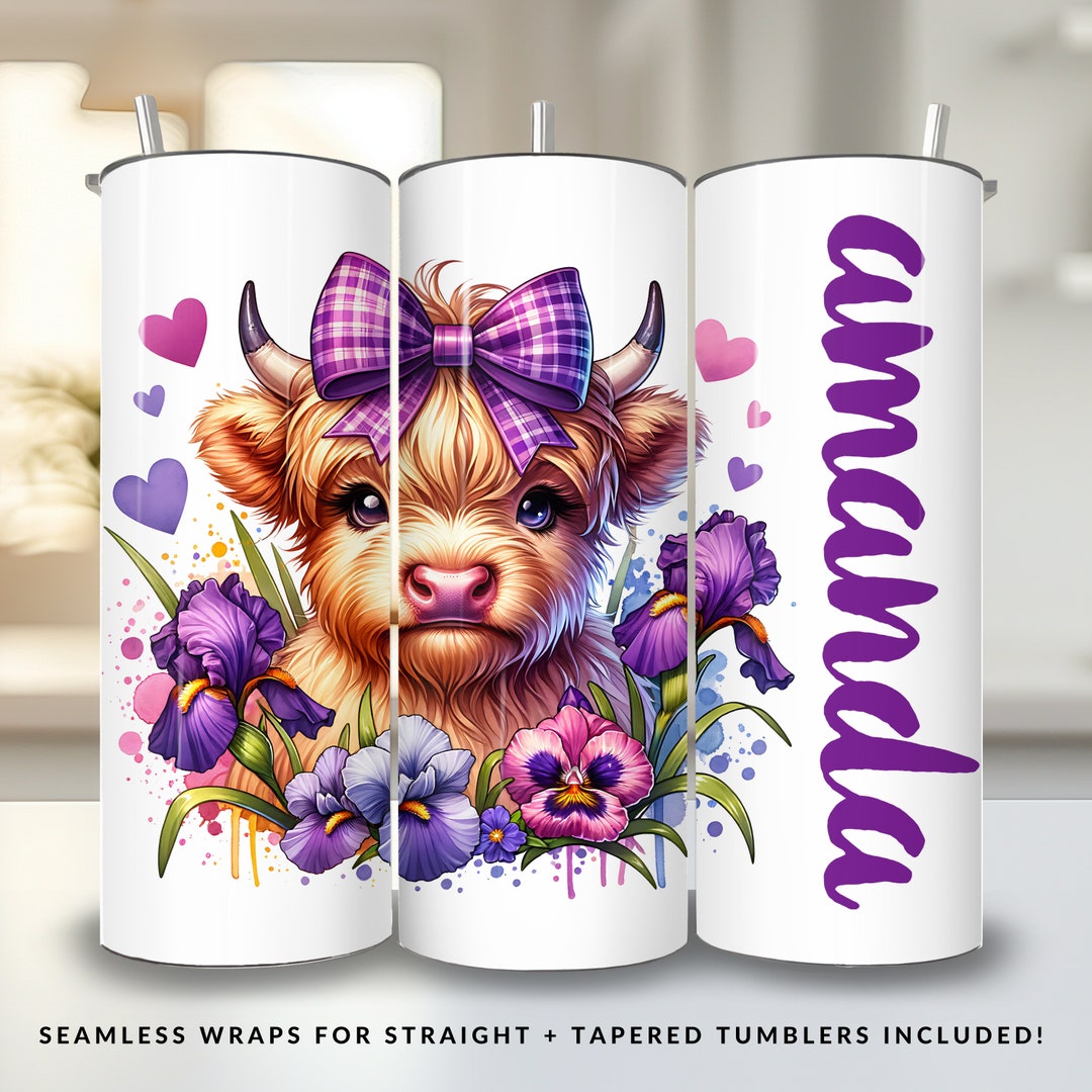 February Birth Flower Tumbler Wrap Add Your Name Cute Highland Cow ...