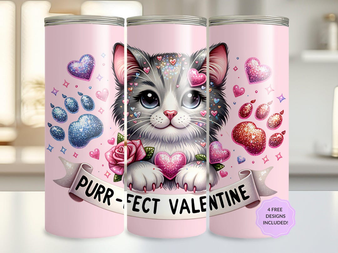Purr-fect Valentine Tumbler Wrap Valentine's Day Cat 20oz Skinny ...