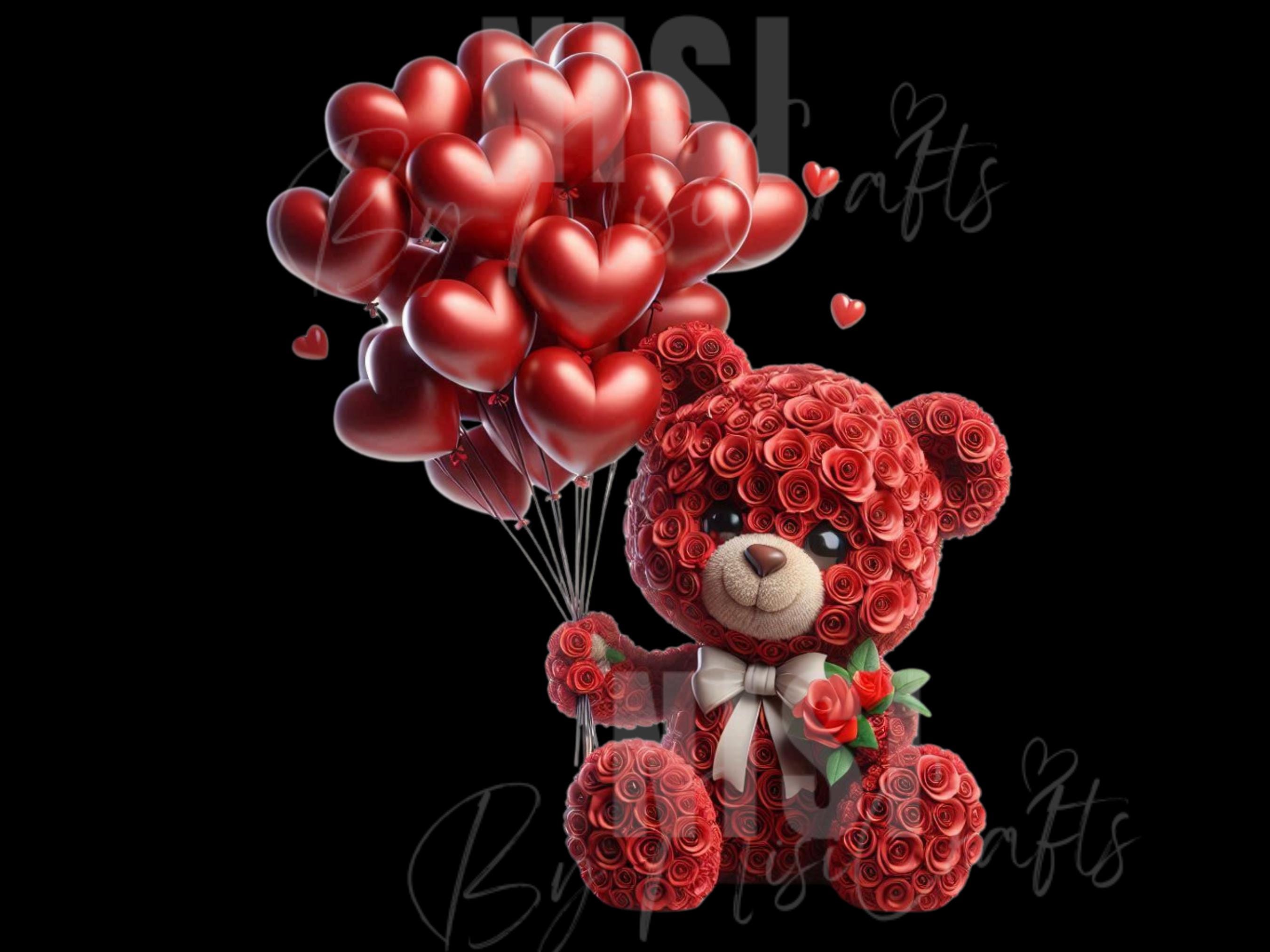 Floral Teddy Bear Surprise Red PNG W Balloons - Unique Romantic Gift ...