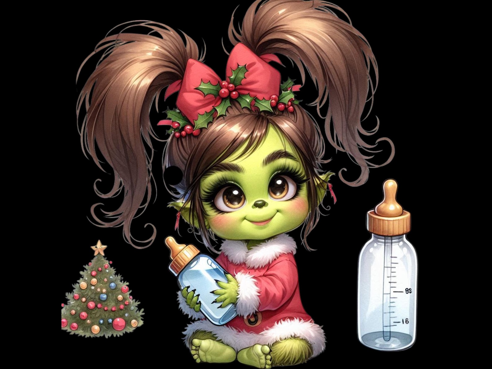 Baby Christmas Cute 2baby Grinch Png, Grinch Baby Girl W/ Bottle, Green ...