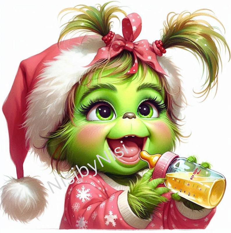 Christmas Cute Baby Grinch 3 PNG, Grinch Baby Girl W/ Bottle, Green ...