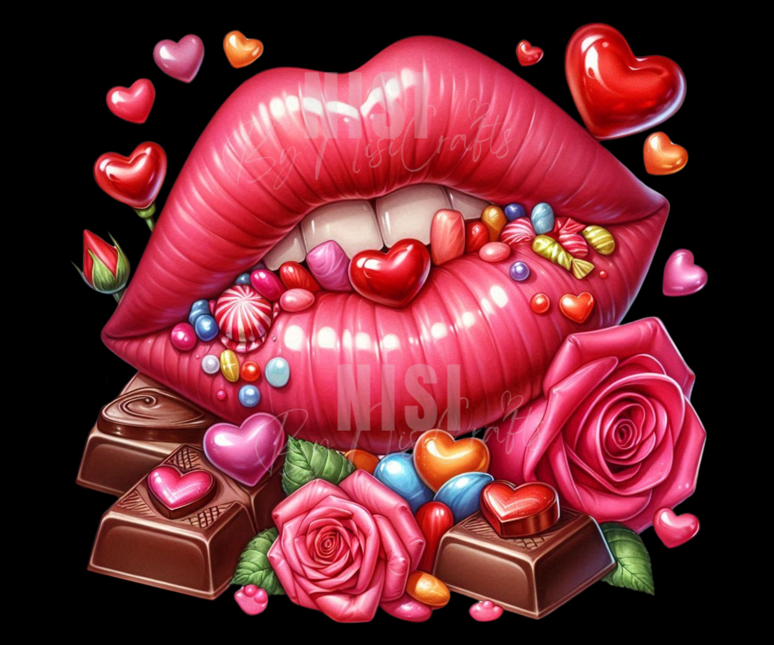 Sweet Kisses Valentine's Day Lips 4 PNG With Roses and Candy Print Wall ...