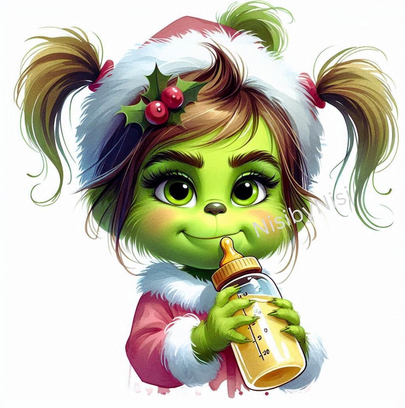 Christmas Cute Baby Grinch 3 PNG, Grinch Baby Girl W/ Bottle, Green ...
