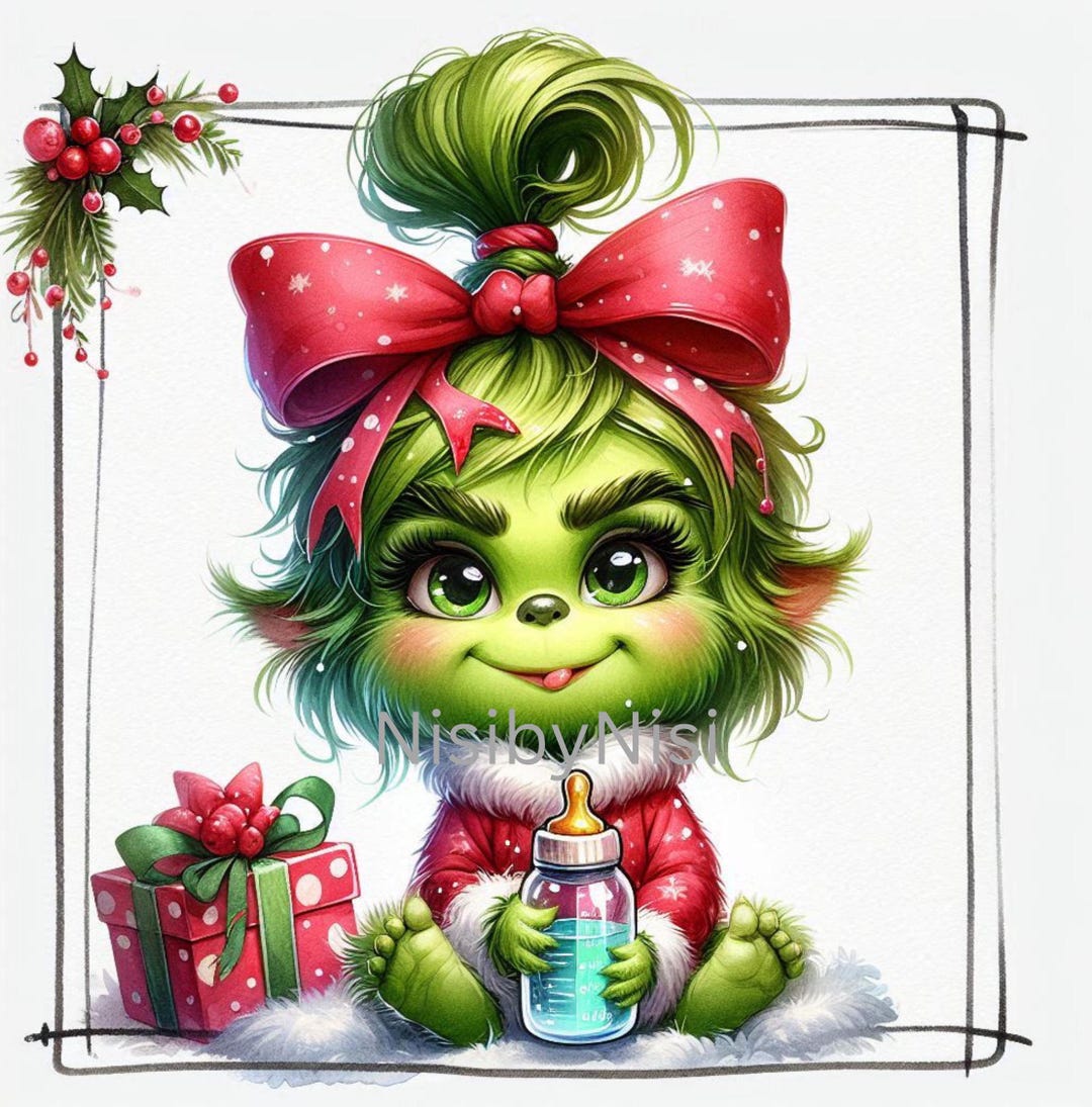 Baby Christmas Cute 2baby Grinch Png, Grinch Baby Girl W/ Bottle, Green ...