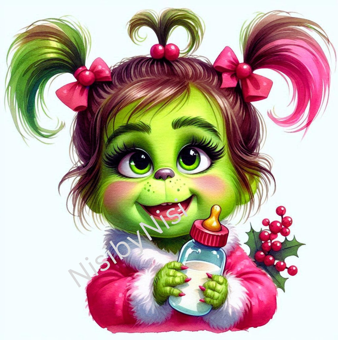 Christmas Cute Baby Grinch 3 PNG, Grinch Baby Girl W/ Bottle, Green ...