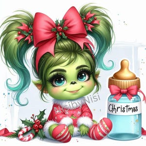 Baby Christmas Cute 3baby Grinch Png, Grinch Baby Girl W/ Bottle, Green ...