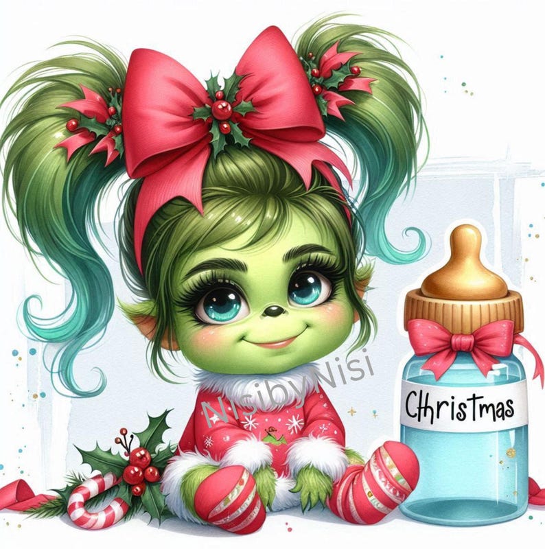 Baby Christmas Cute 3baby Grinch Png, Grinch Baby Girl W/ Bottle, Green ...