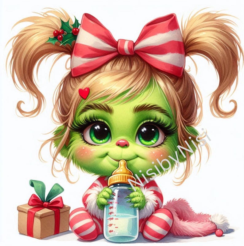 Christmas Cute Baby Grinch 3 Png, Grinch Baby Girl W/ Bottle, Green ...