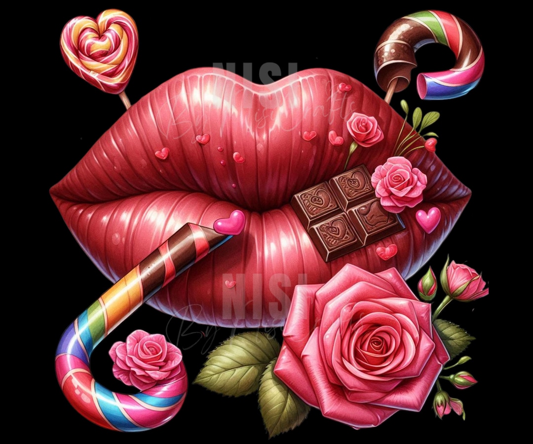 Sweet Kisses Valentine's Day Lips 4 PNG With Roses and Candy Print Wall ...