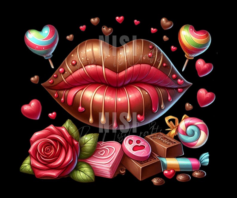 Sweet Kisses Valentine's Day Lips 4 PNG With Roses and Candy Print Wall ...