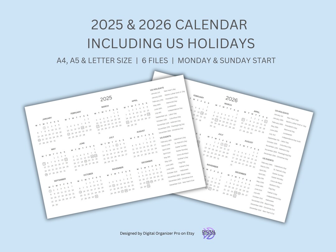 2025 2026 Calendar Including US Holidays, for Desk, Wall, Notebook ...