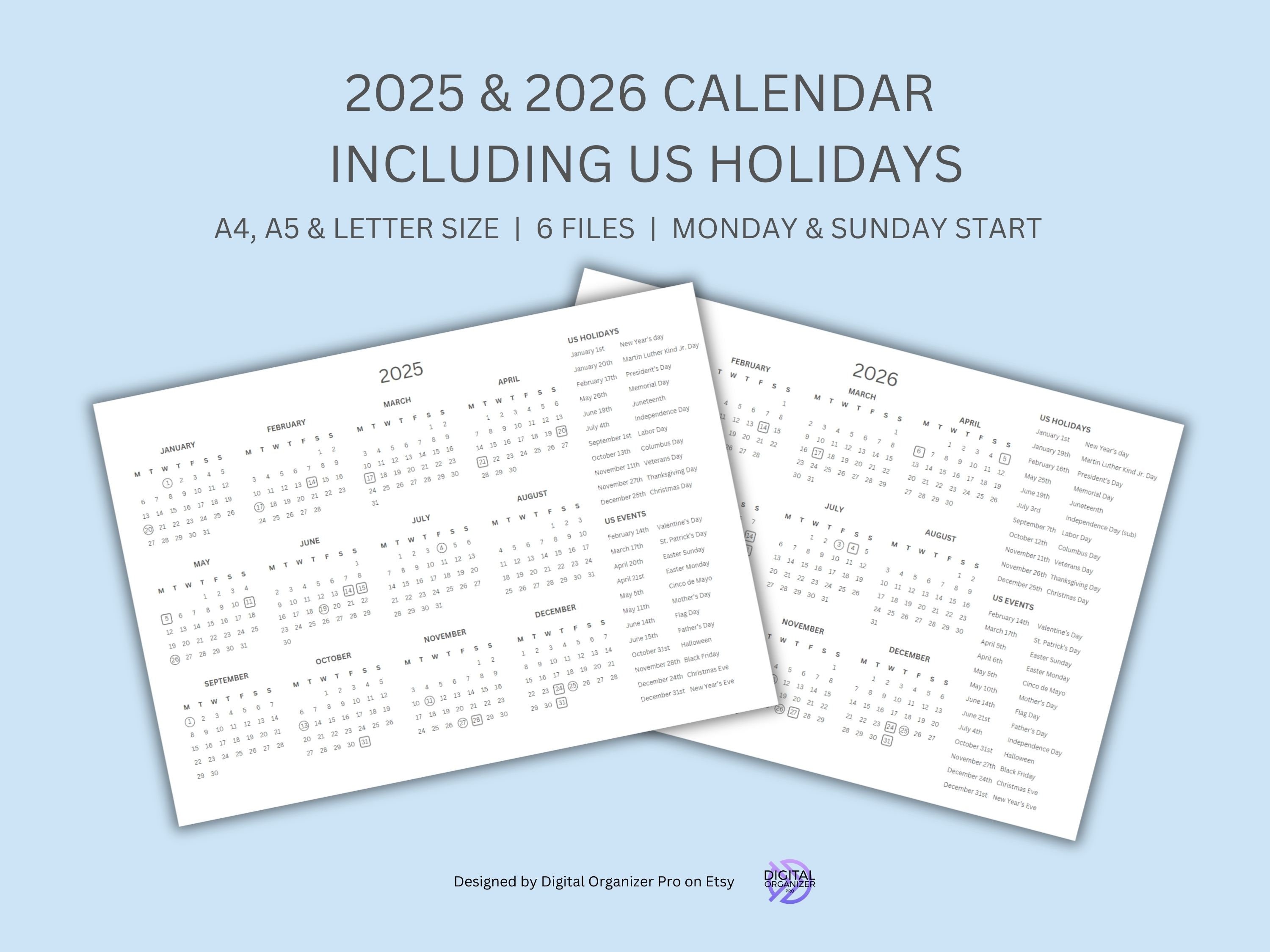 2025 - 2026 Calendar Including US Holidays, for Desk, Wall, Notebook ...