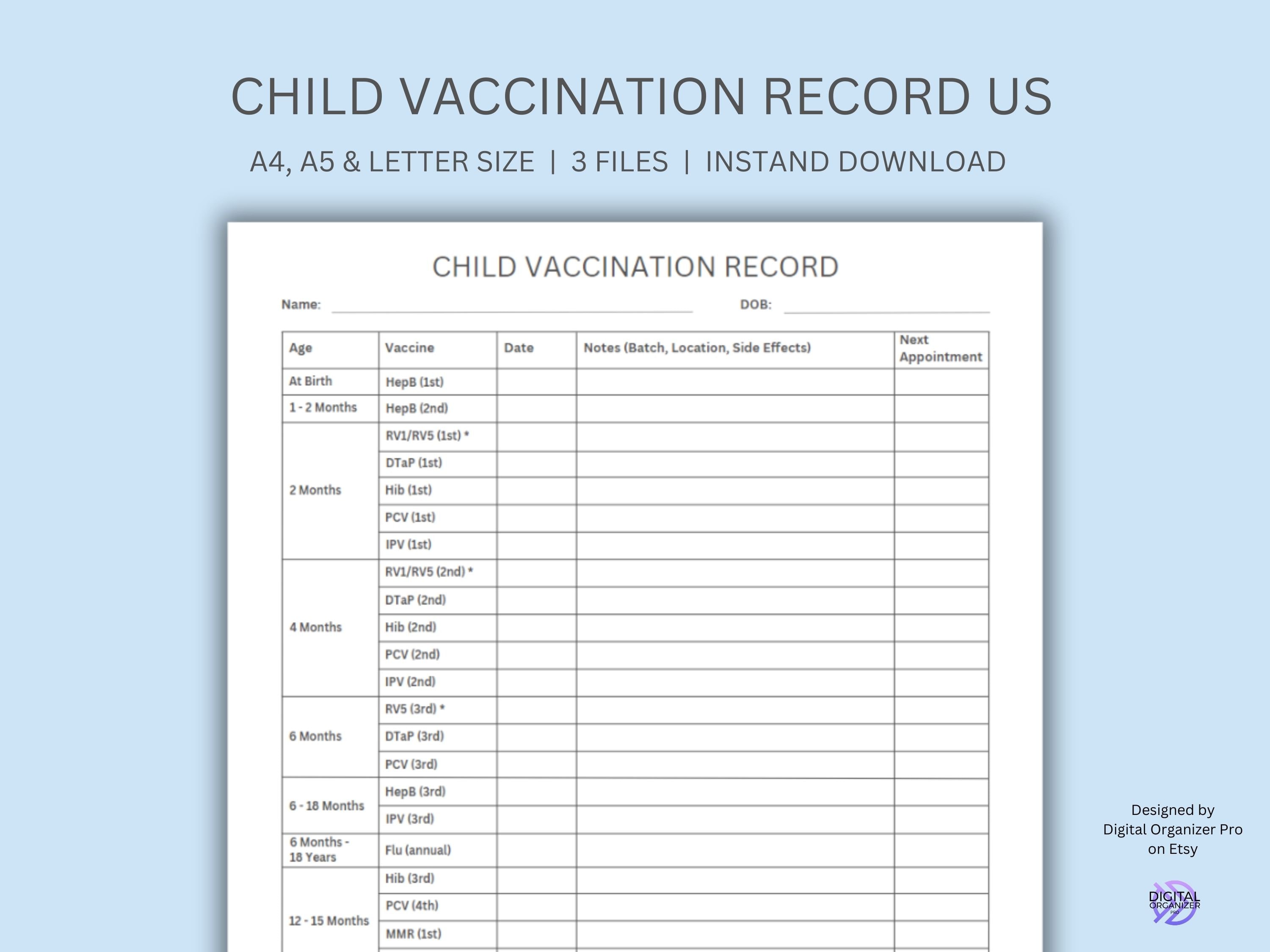 Child Vaccination Record US, Immunization Schedule Baby, Vaccination ...