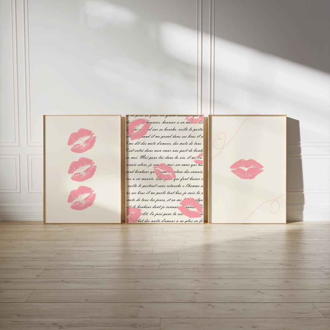 Set of 3 Pink Kiss Print Posters, Pink Lip Print Trio, Aesthetic Kiss ...