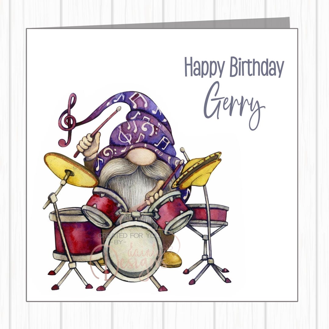 Personalised Male Drummer Birthday Card - Cute Drumming Gnome - Son ...