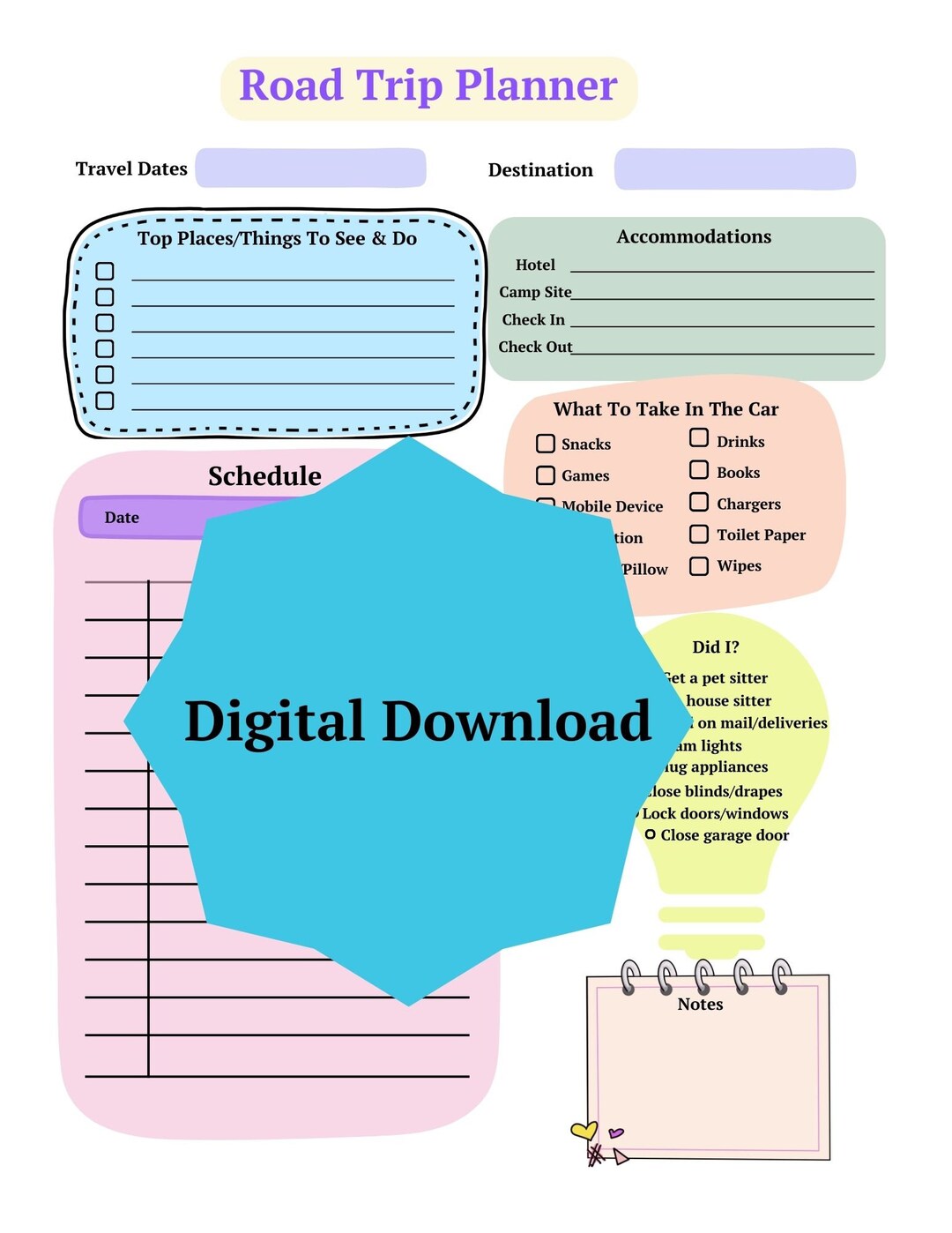 Road Trip Printable Planner, Road Trip Reminders, Checklist, Track ...