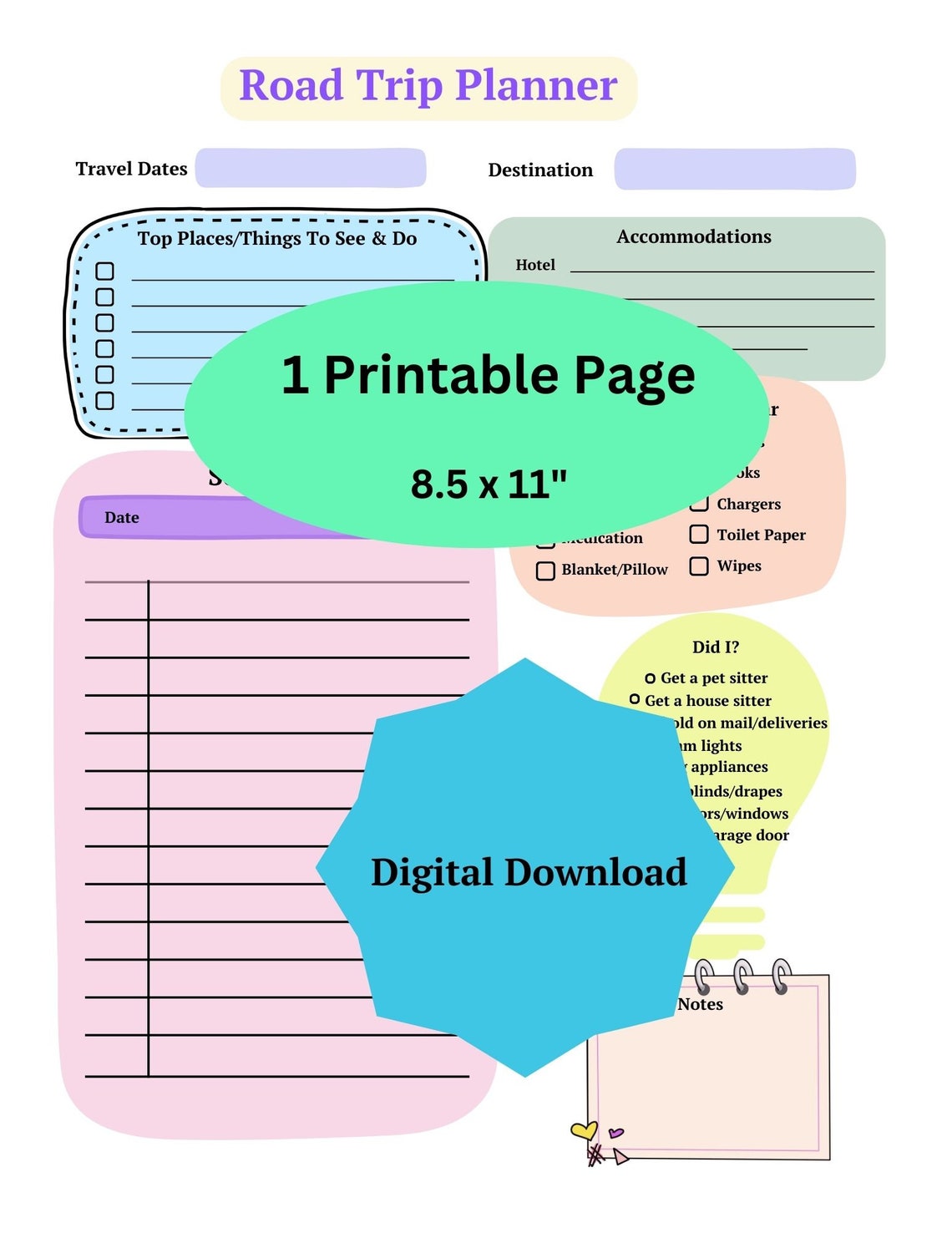 Road Trip Printable Planner, Road Trip Reminders, Checklist, Track ...