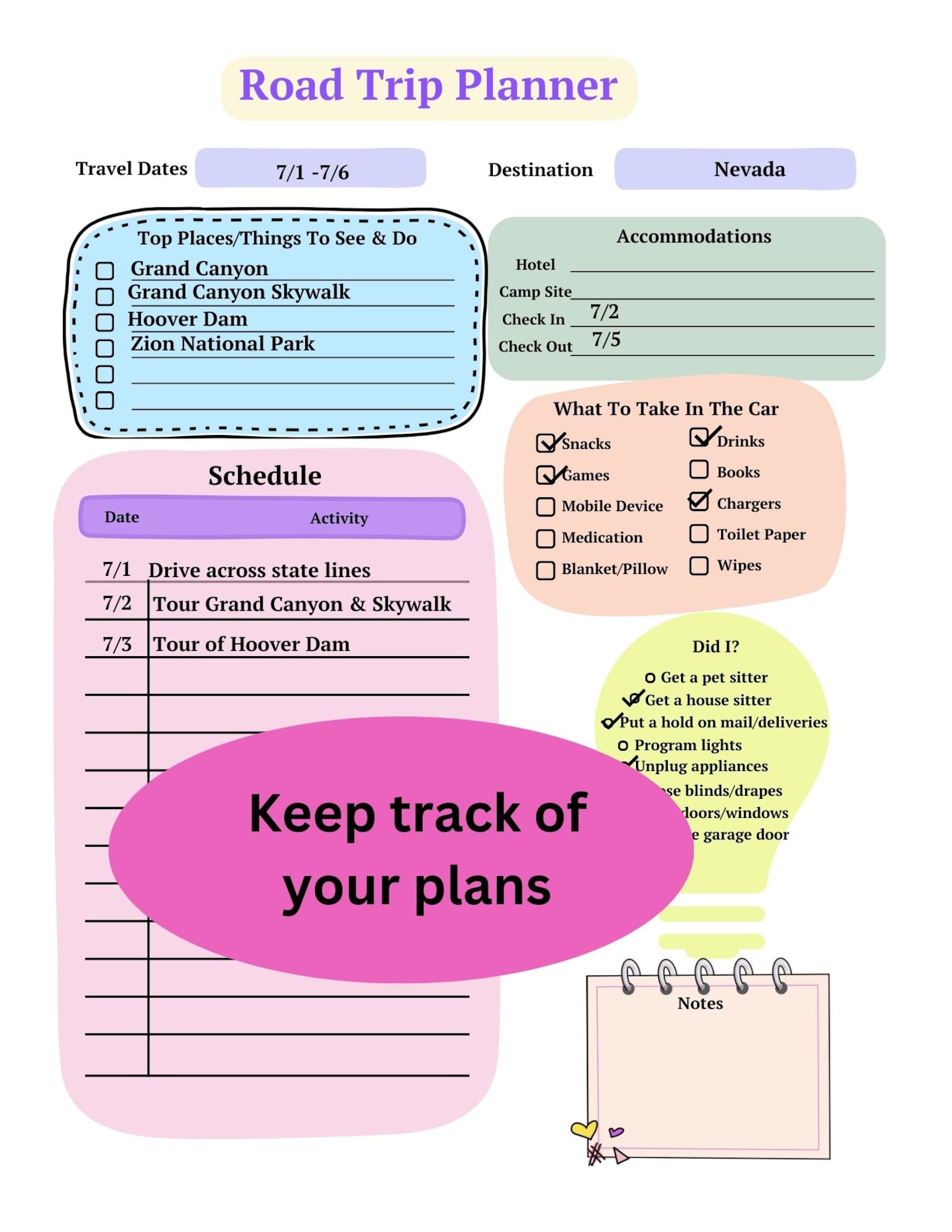 Road Trip Printable Planner, Road Trip Reminders, Checklist, Track ...