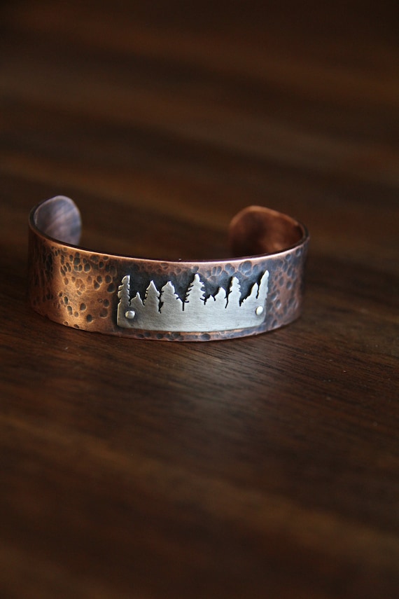 Handmade Sterling Silver Forest Tree Line With Hammered Copper - Etsy