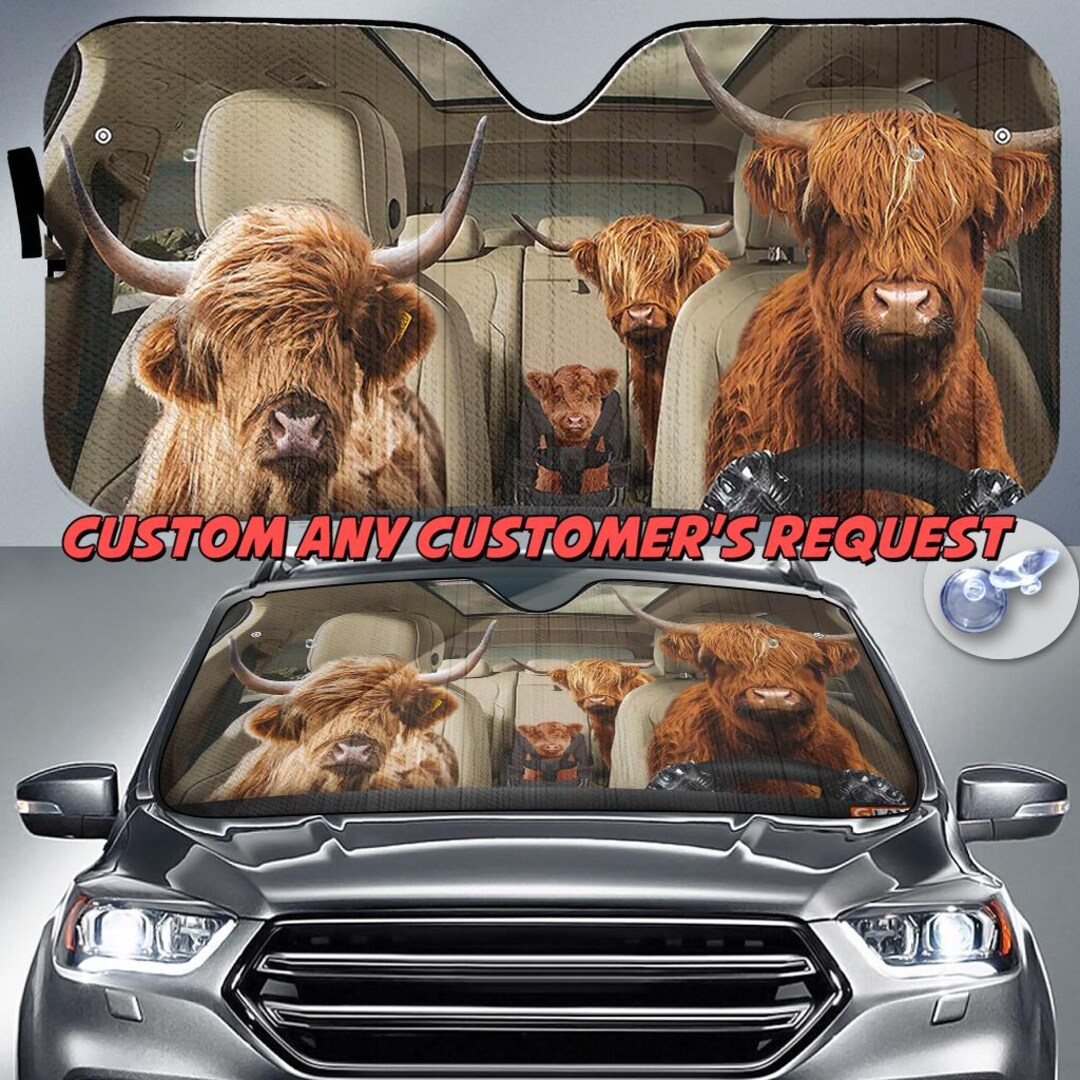 Personalize Highland Cow Family Driving Car Sun Shade, Custom Request ...