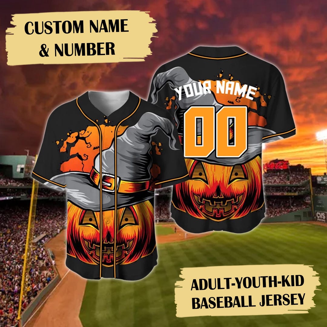 Personalized Halloween Pumpkin Baseball Jersey, Pumpkin Witch Hat ...