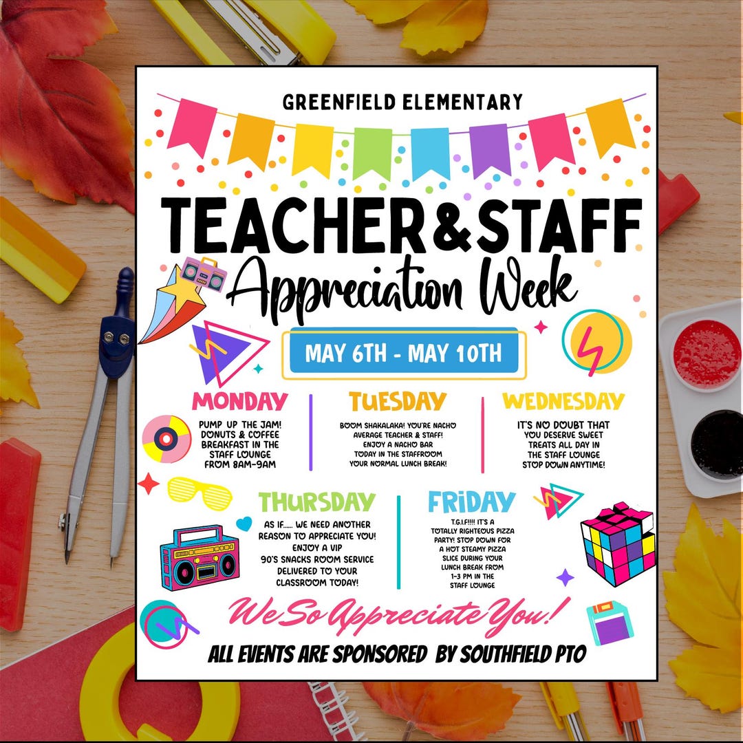 EDITABLE ADOBE AI 90s Theme Teacher Appreciation Week Itinerary ...