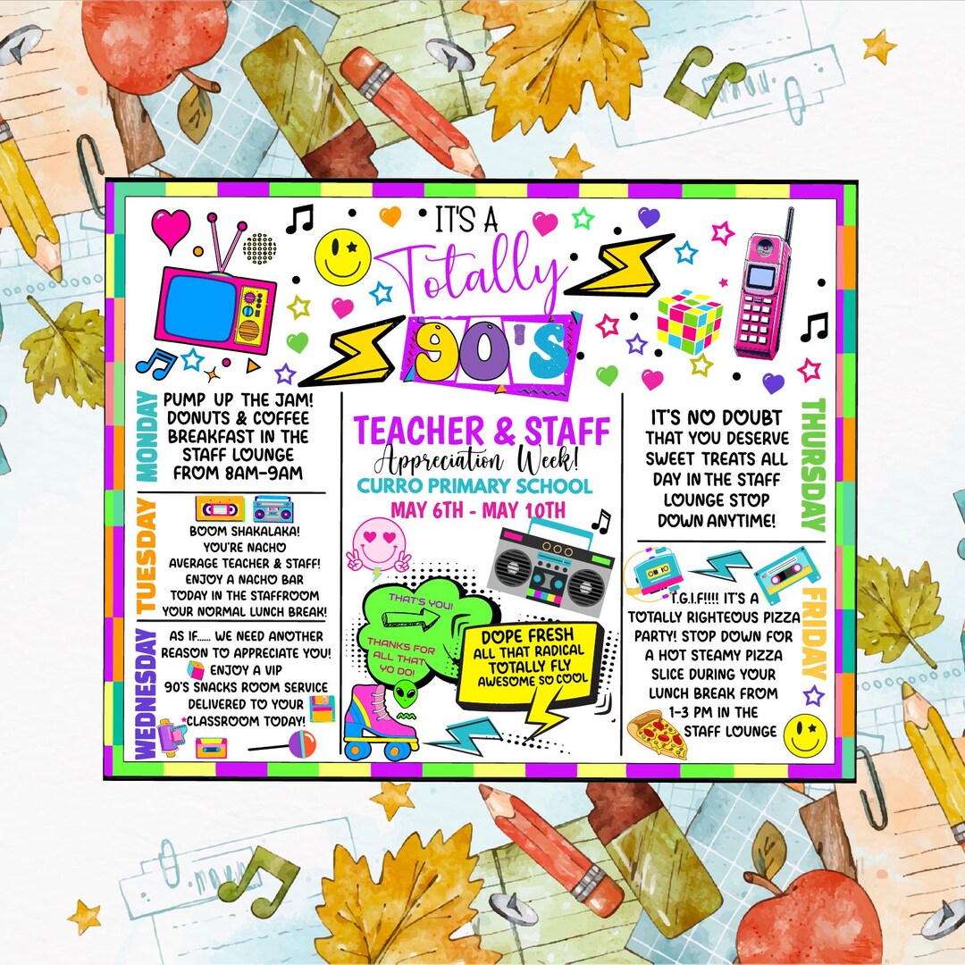 EDITABLE ADOBE AI 90s Theme Teacher Appreciation Week Itinerary ...