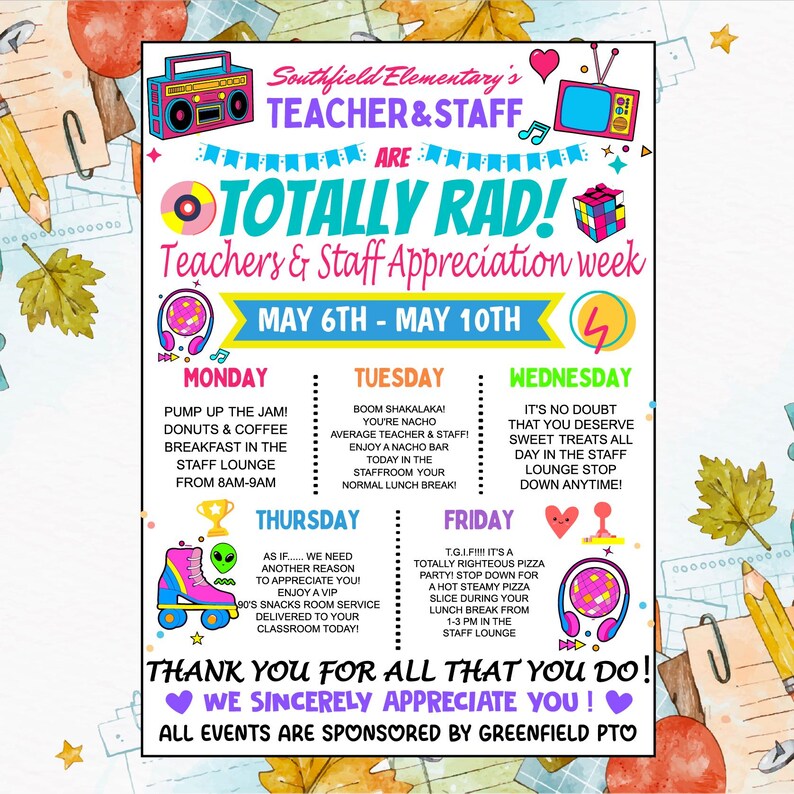 EDITABLE ADOBE AI 90s Theme Teacher Appreciation Week Itinerary ...