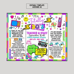 EDITABLE ADOBE AI 90s Theme Teacher Appreciation Week Itinerary ...