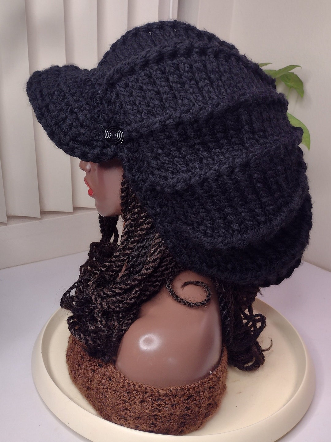 Black Wool XL Newsboy Cap / Chunky Redwood Brown / Unisex Men's Women's ...