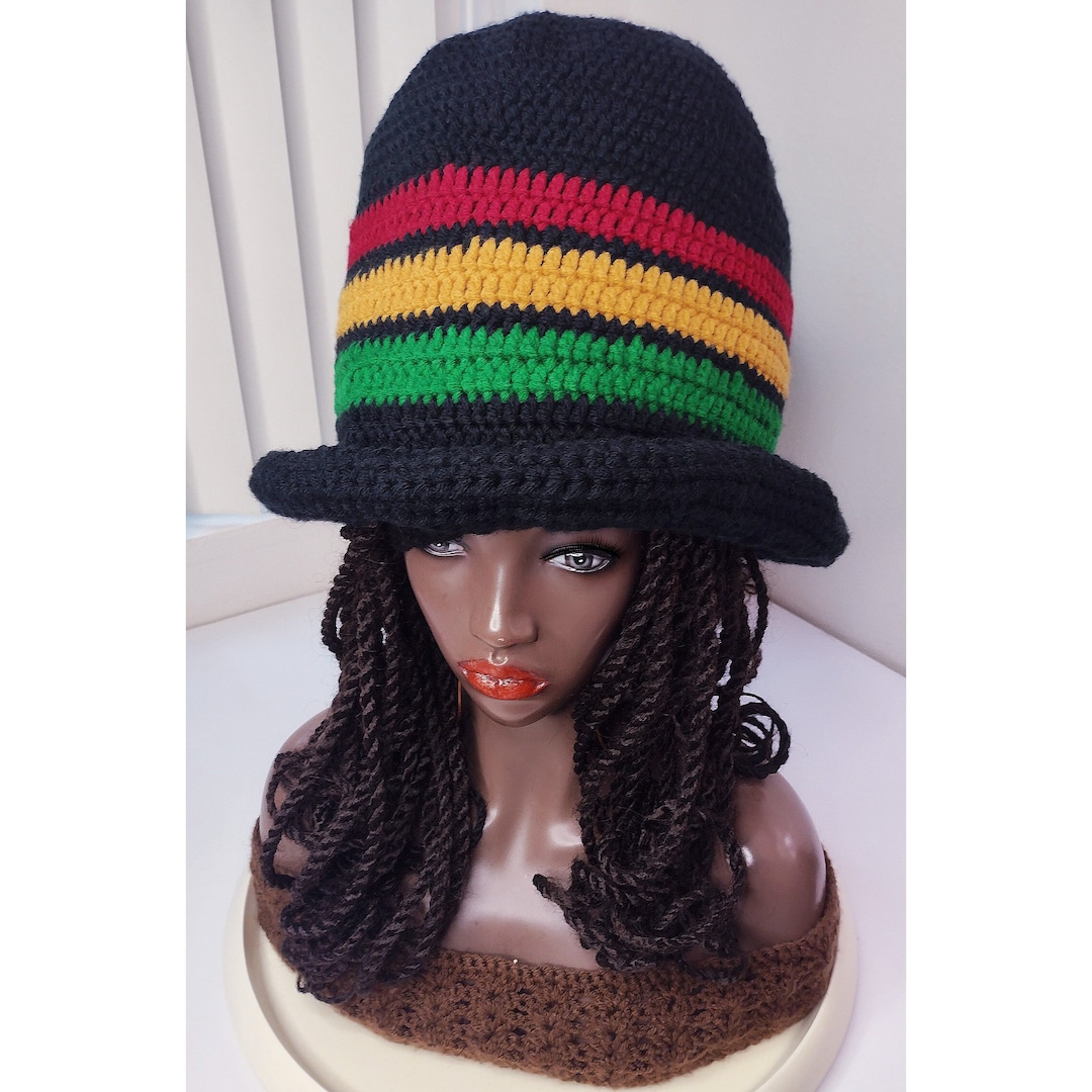 XXL 3 Stripe Mad Hatter Roll Brim Rasta Top Hats for Locs Rastafarian ...