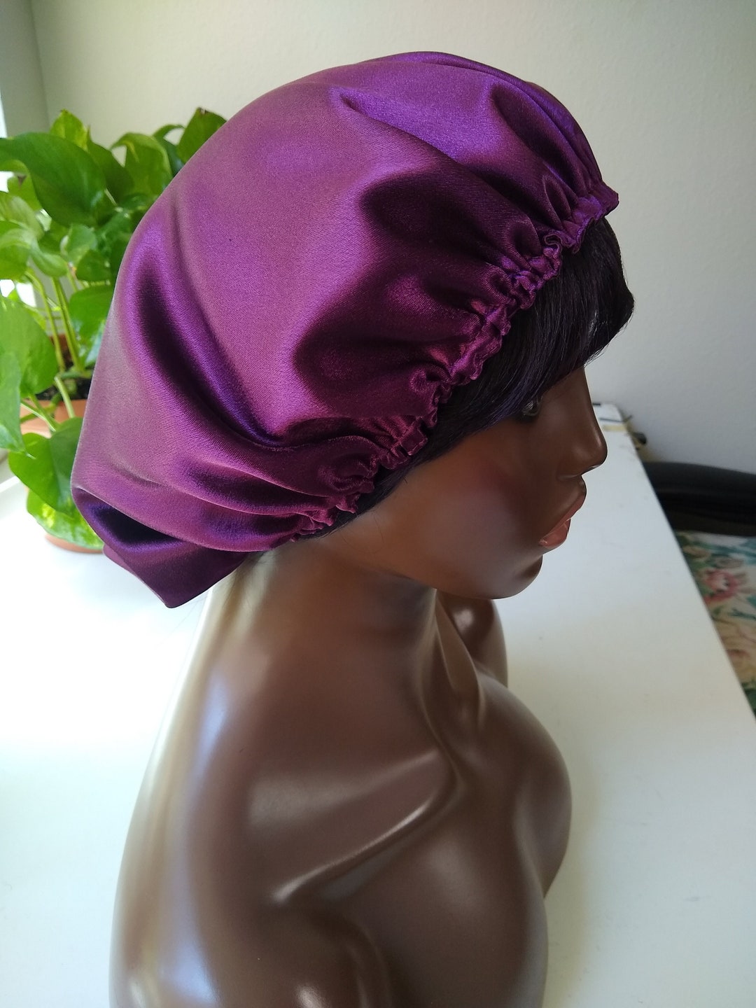 Reversible Satin Silk Bonnet / Dark Brown and Purple / Sleeping Cap ...