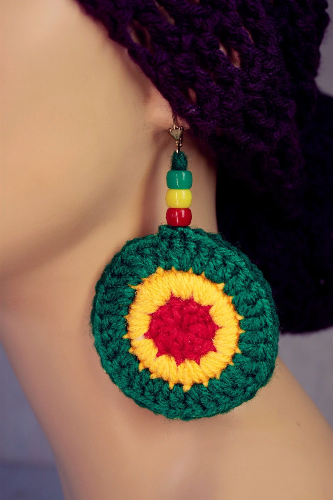 African Circle Earrings / Red Yellow Green / Reggae Festival Round ...