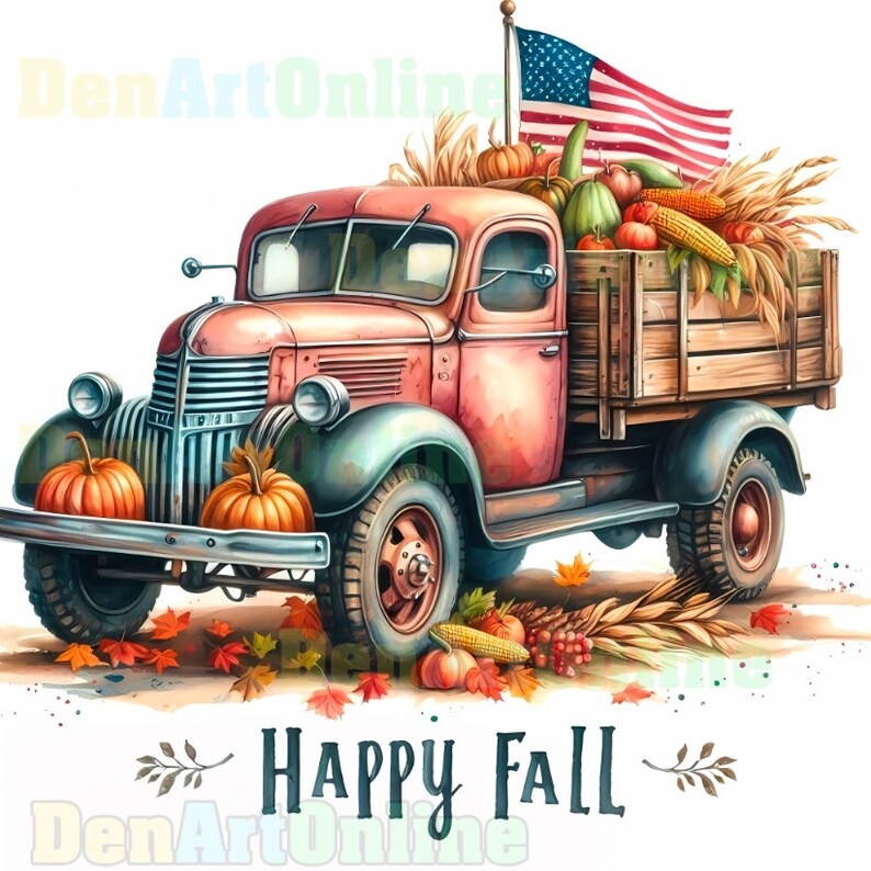 Watercolor Vintage Trucks Fall Harvest Clipart, 21 JPG Pumpkin Autumn ...