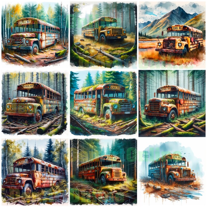 75 Abandoned Rusty School Bus, Watercolor Printable Clipart JPG ...