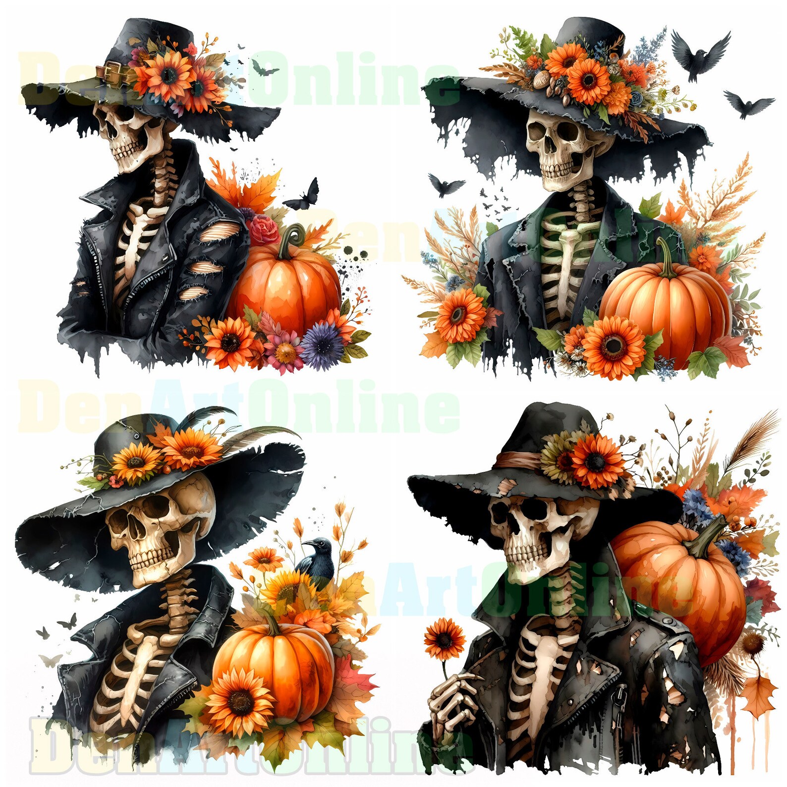 22 Halloween Skeleton Clipart, Skull Clipart, High Quality Jpgs, Autumn ...