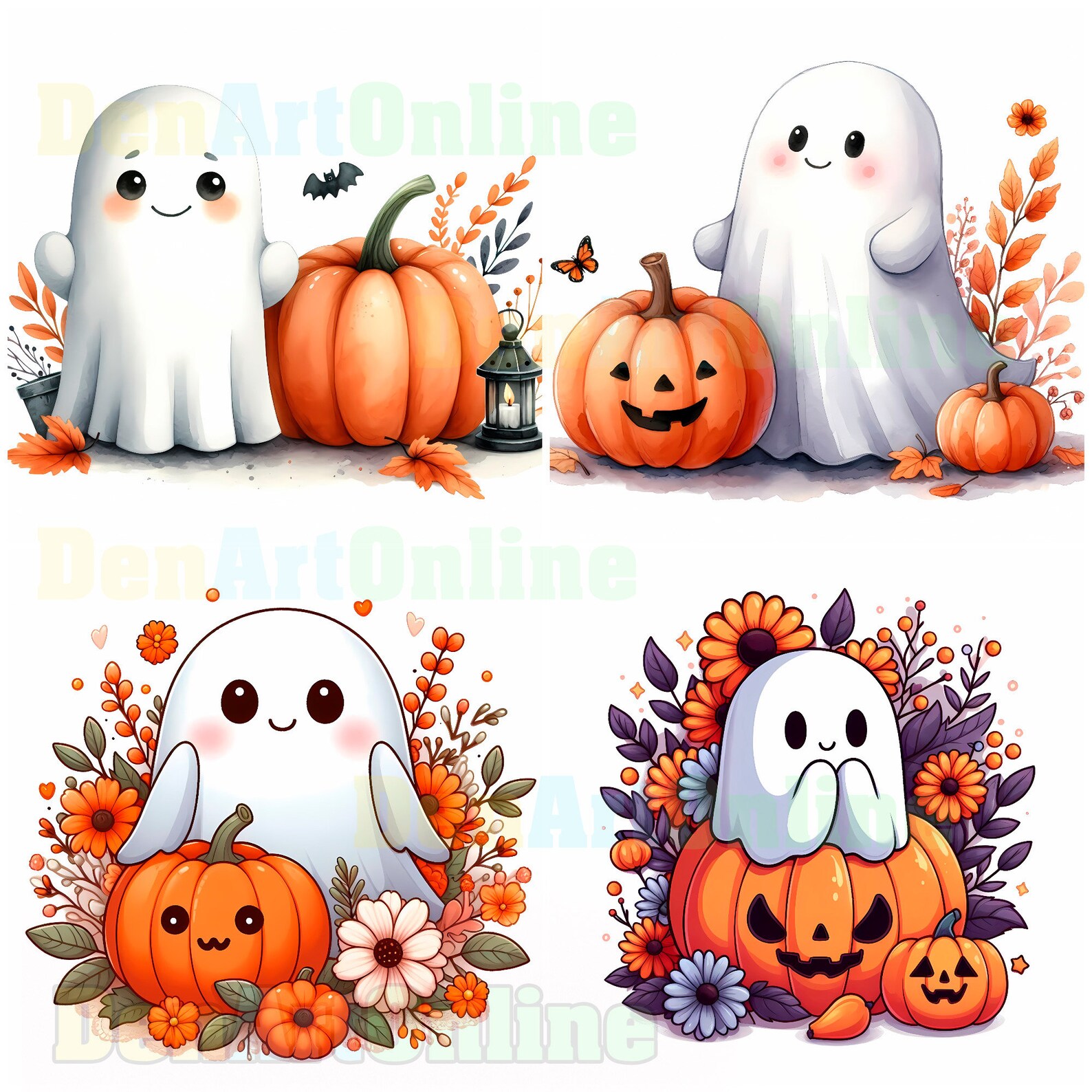 22 Watercolor Cute Ghost Clipart, Halloween Clipart JPG Bundle, Fall ...