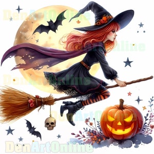 Halloween Witch on a Broom Clipart, 26 Watercolor Jpgs, Witch Halloween ...