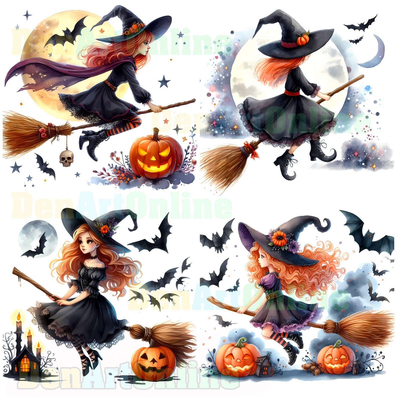 Halloween Witch on a Broom Clipart, 26 Watercolor Jpgs, Witch Halloween ...