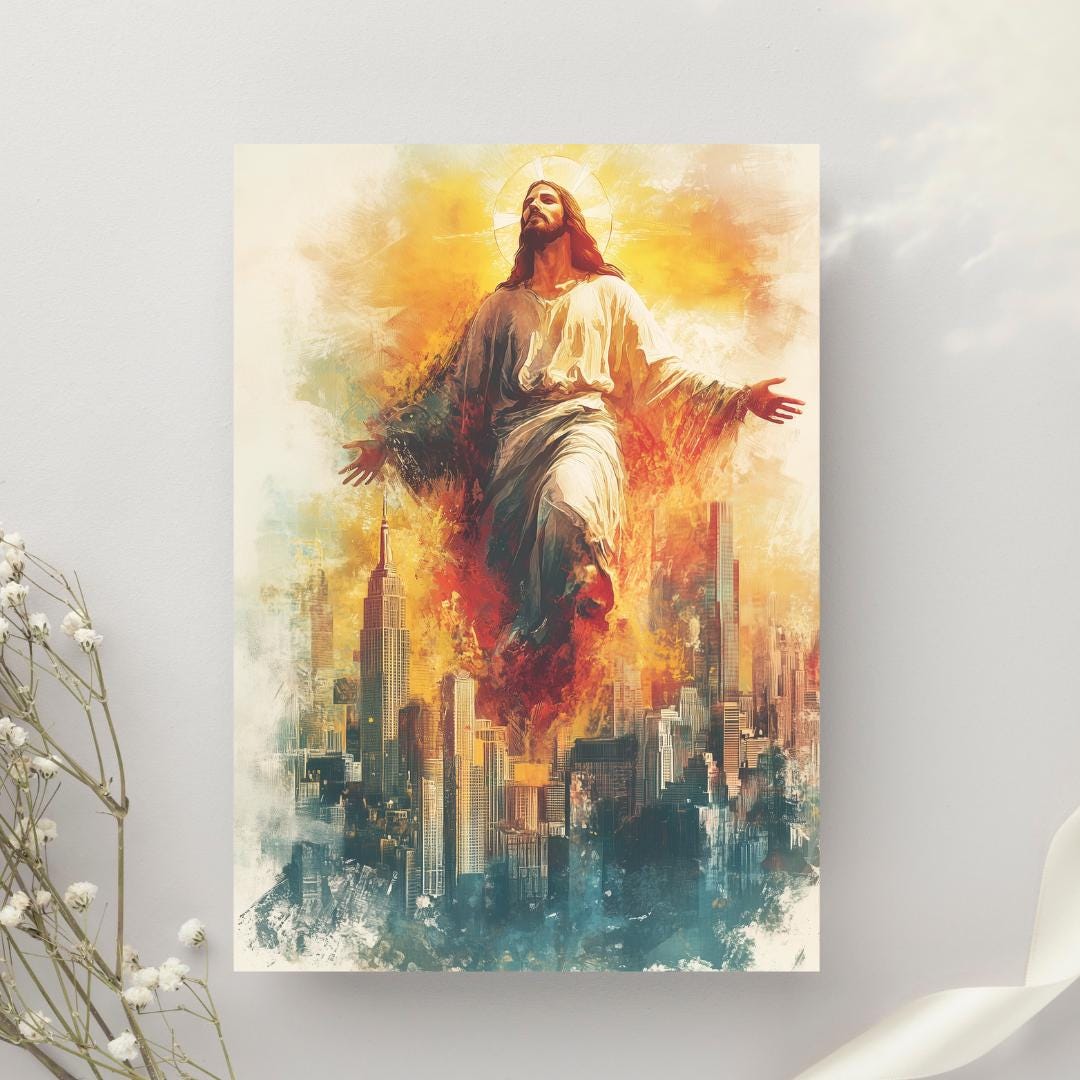 Jesus Christ Above New York Skyline, Watercolor Christian Digital Wall ...