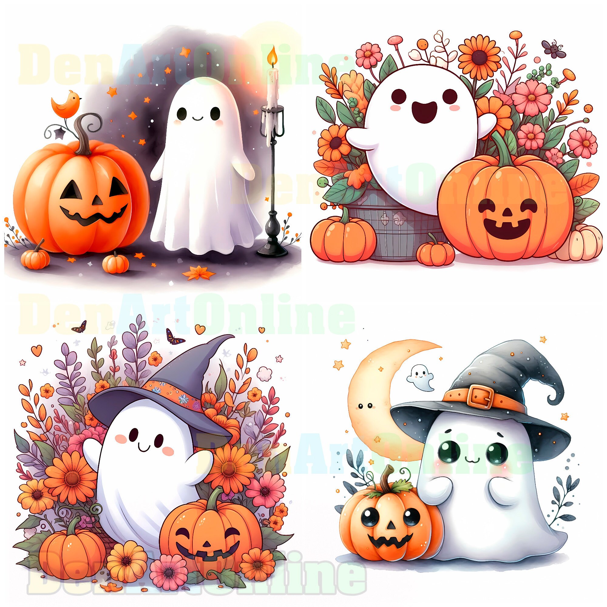 22 Watercolor Cute Ghost Clipart, Halloween Clipart JPG Bundle, Fall ...