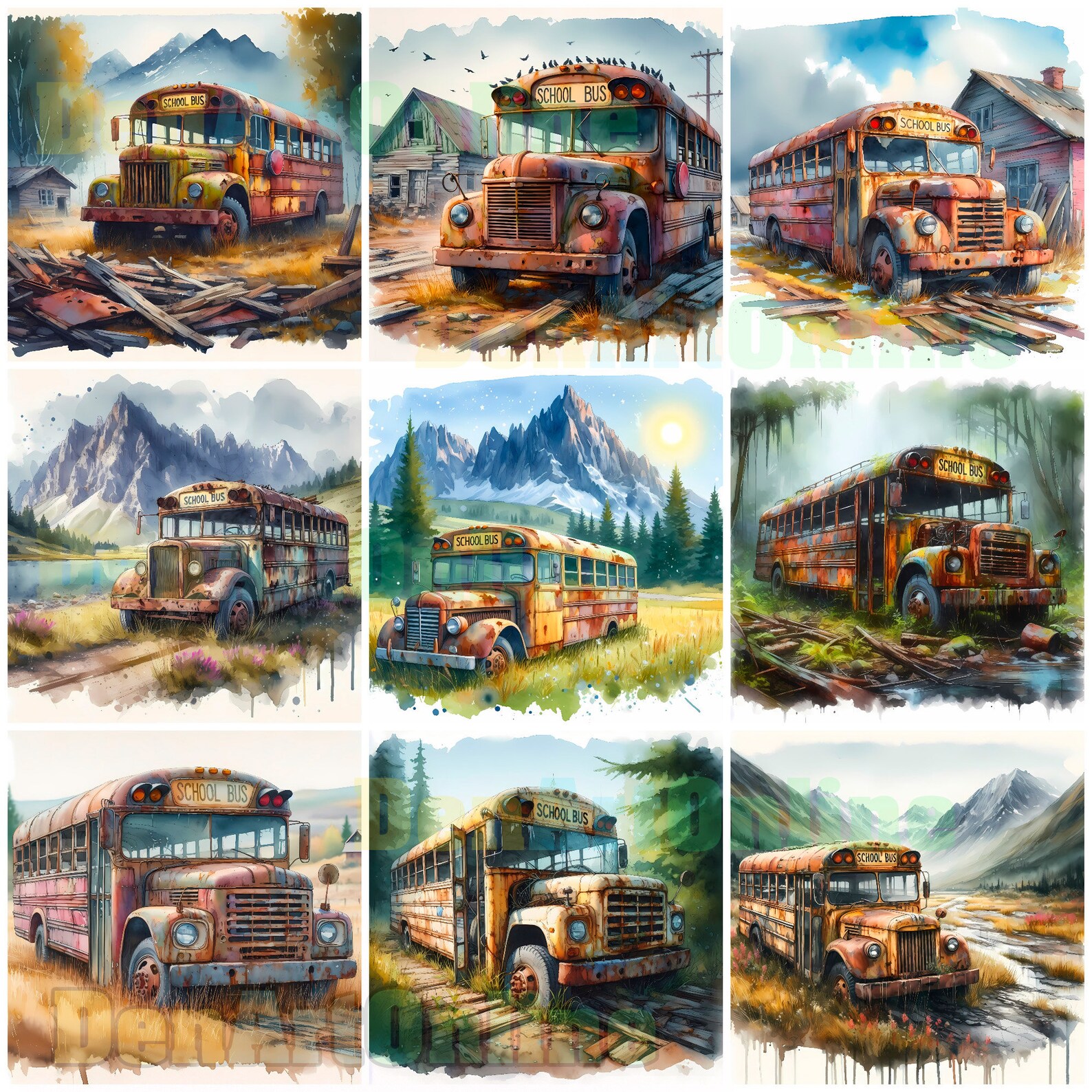 75 Abandoned Rusty School Bus, Watercolor Printable Clipart JPG ...