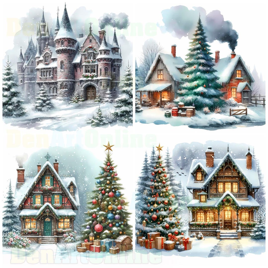 Watercolor Christmas House Clipart: Holiday Card Art (digital Download ...