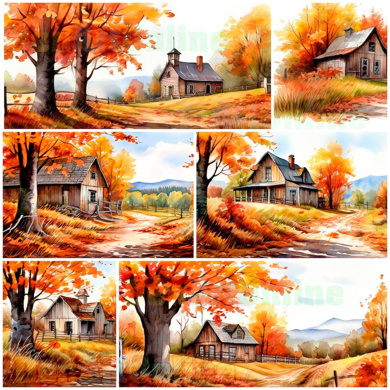 Watercolor Autumn Landscape, Rustic Fall Scene, Golden Autumn, Autumn ...