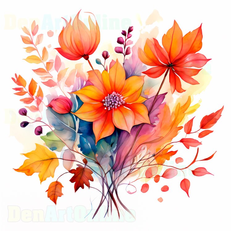 15 Autumn Leaves, Floral Bouquet Clipart, Watercolor Autumn Clipart ...