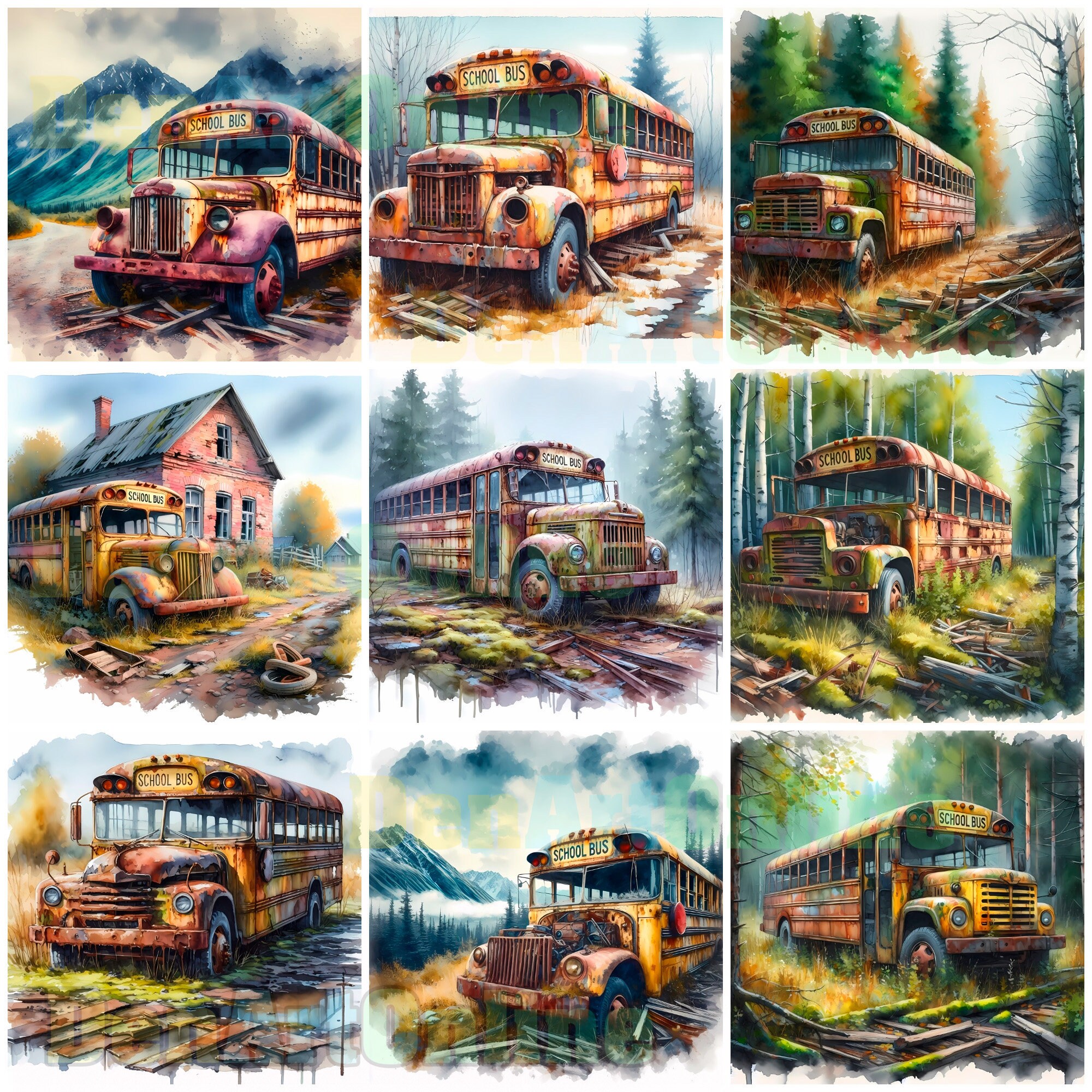 75 Abandoned Rusty School Bus, Watercolor Printable Clipart JPG ...