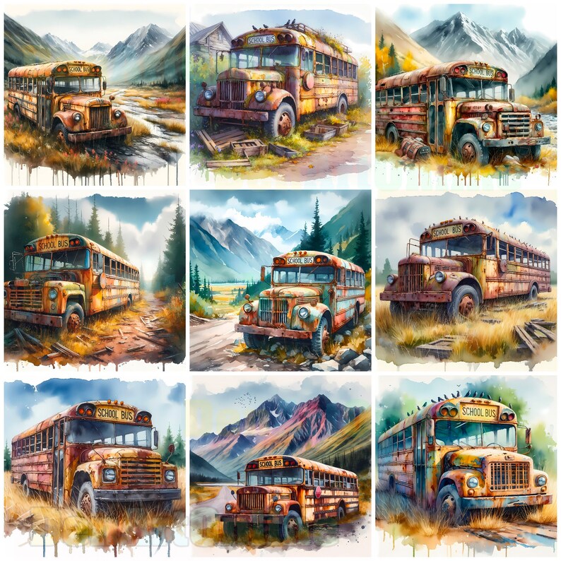 75 Abandoned Rusty School Bus, Watercolor Printable Clipart JPG ...