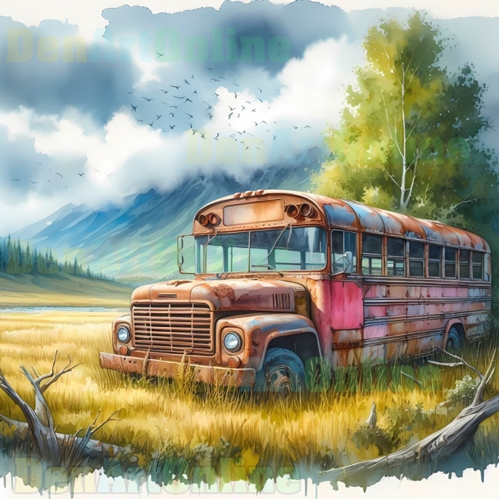 Abandoned Bus Clipart, High Quality Watercolor 55 JPG, Old Rusty Buses ...