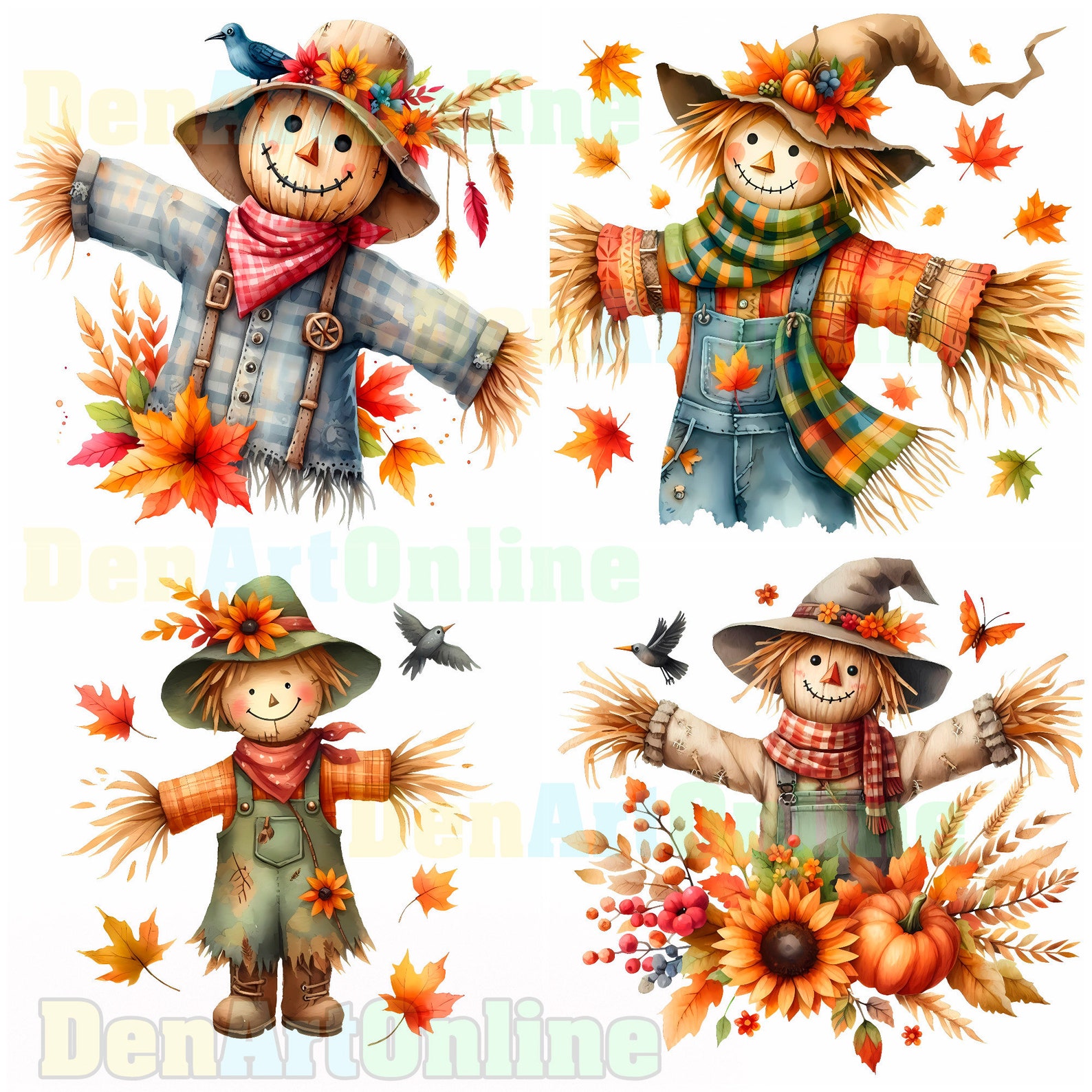 Cute Scarecrow Clipart Bundle, Fall Autumn Thanksgiving Clipart, 21 JPG ...